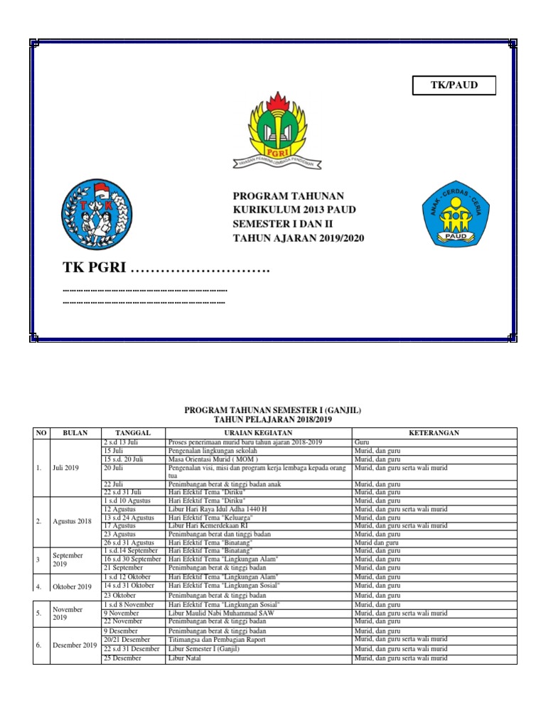 PROTA Program Tahunan Paud Tahuan Ajaran 2019-2020 KTSP Paud TK | PDF