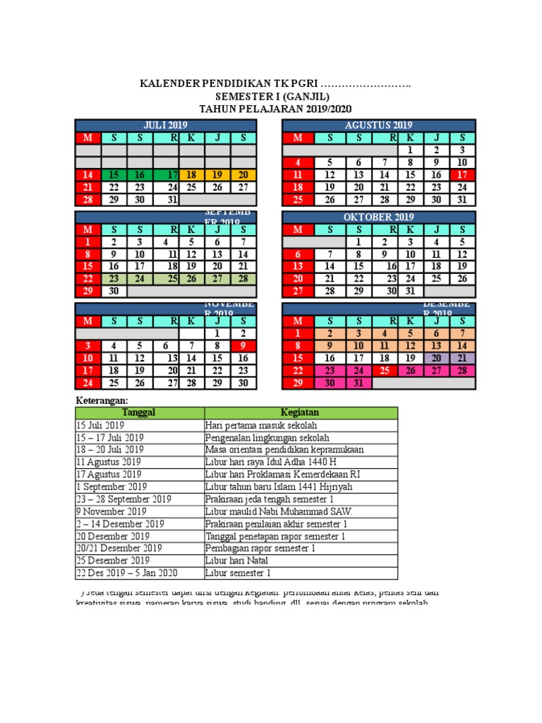 Kalender Pendidikan TK PGRI 2019/2020 | PDF