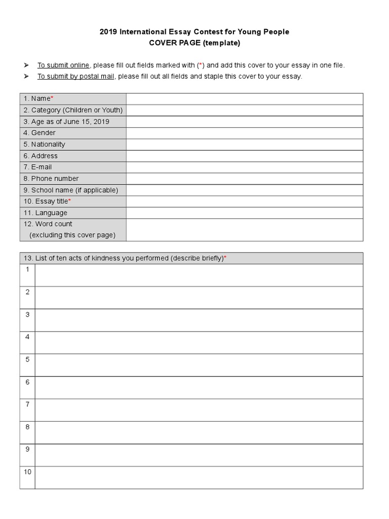 2019 International Essay Contest For Young People COVER PAGE (Template ...