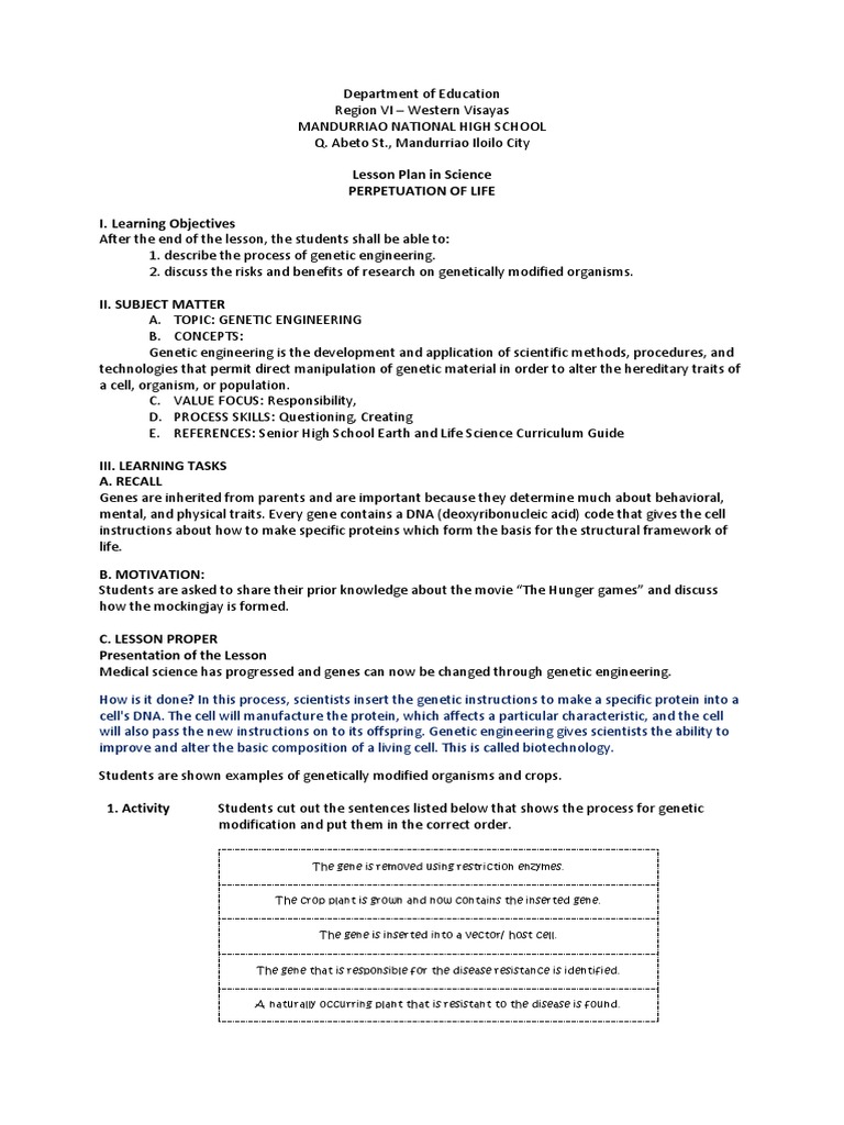 Lesson Plan in Science Perpetuation of Life I. Learning Objectives ...