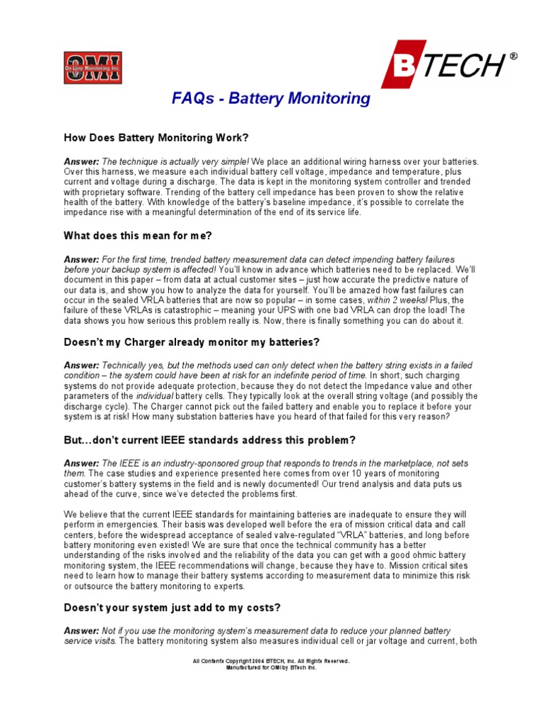 Faqs - Battery Monitoring | PDF | Battery Charger | Electrical Impedance