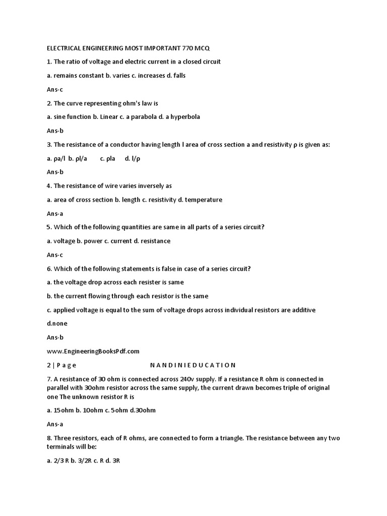 Essential Electrical Engineering MCQs | PDF | Capacitor | Series And ...
