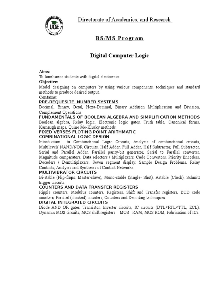 Directorate of Academics, and Research: BS/MS Program Digital Computer ...