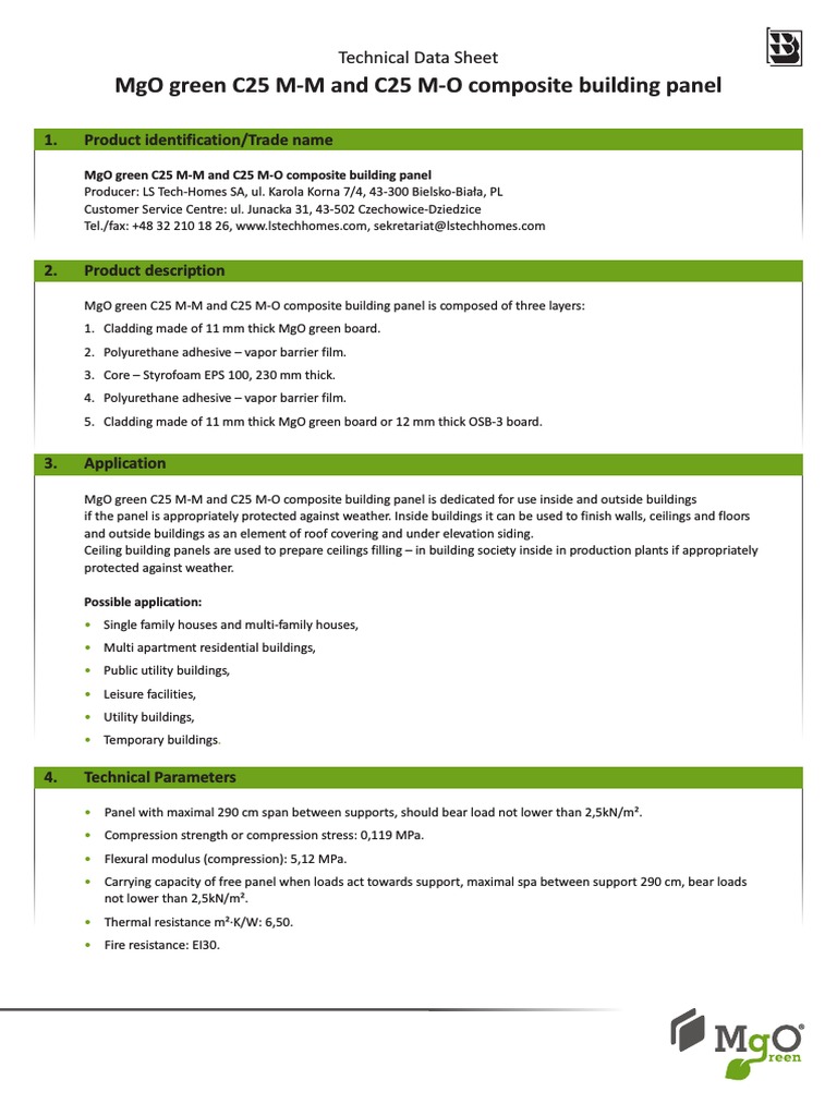 Mgo Green C25 M-M and C25 M-O Composite Building Panel: 1. Product ...