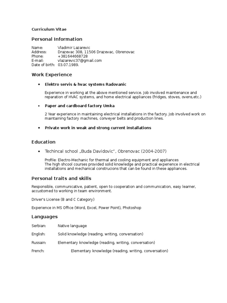Personal Information: Curriculum Vitae | PDF