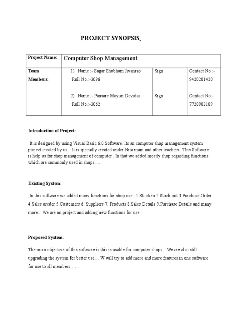 Computer Shop Management: A Project Synopsis Describing the Development ...