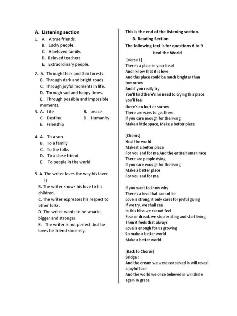 Listening and Reading Comprehension Test | PDF | Love