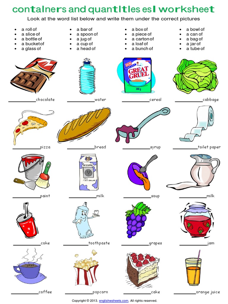 Containers and Quantities Matching Exercises Esl Worksheet | PDF ...