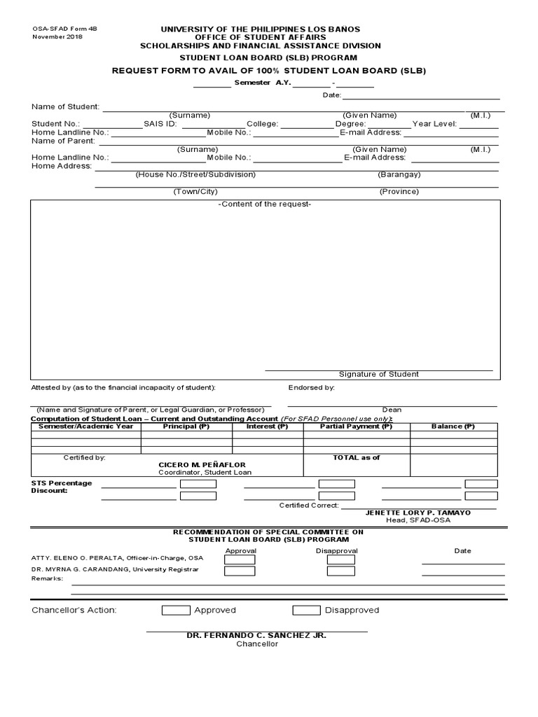 OSA-SFAD Form 4B Request Form To Avail 100% SLB (Revised November 2018 ...