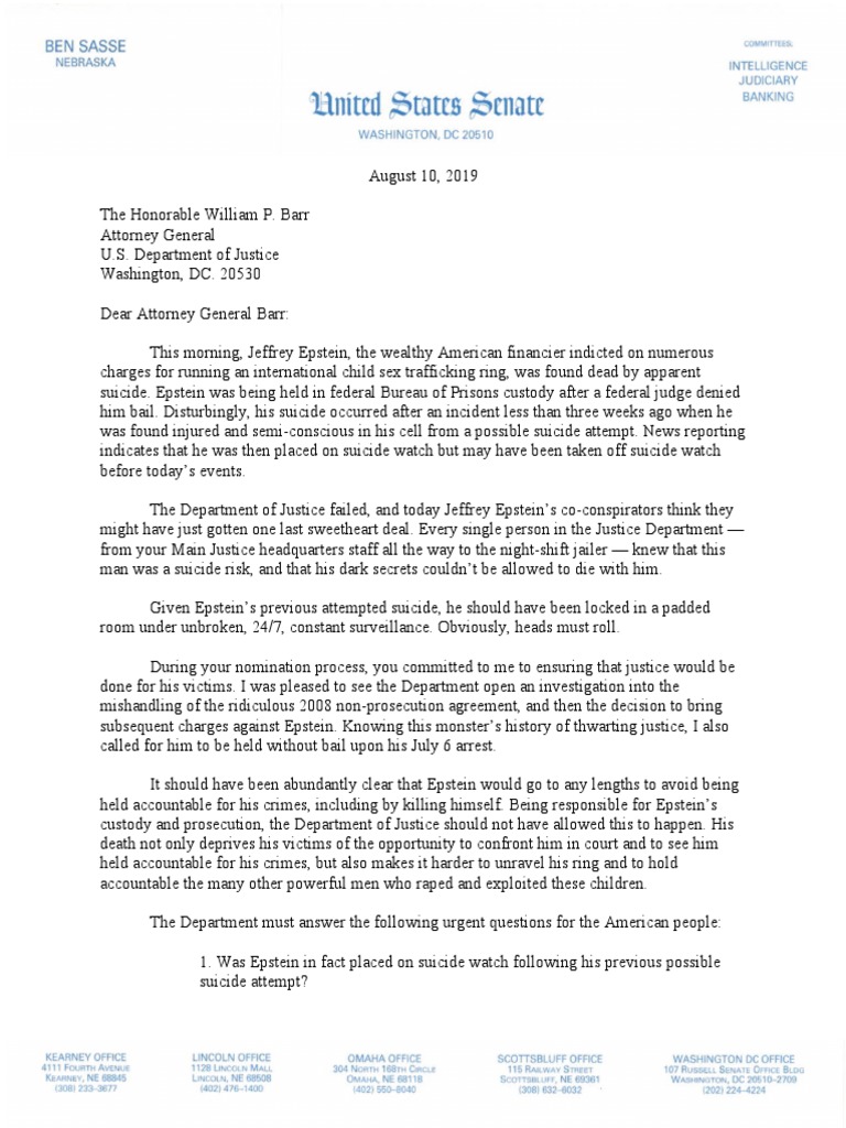 Ben Sasse Letter To AG After Jeffrey Epstein's Death | PDF | United ...