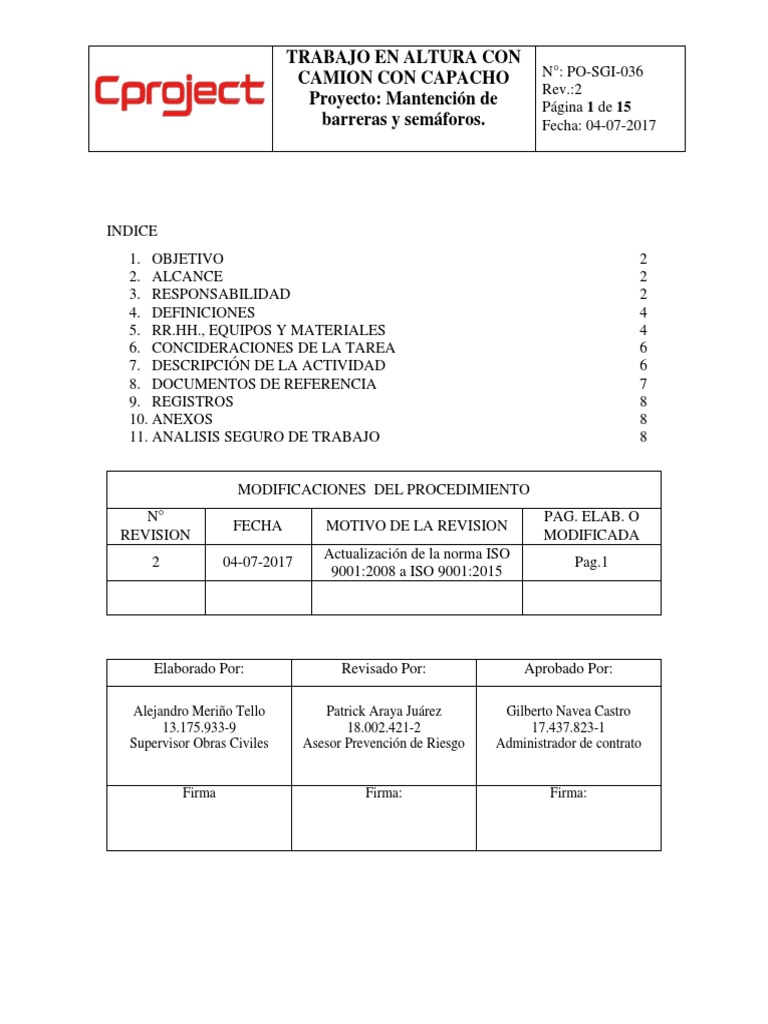 Po-Sgi-036 Trabajo en Altura Con Camion Con Capacho | PDF | Gestión de ...
