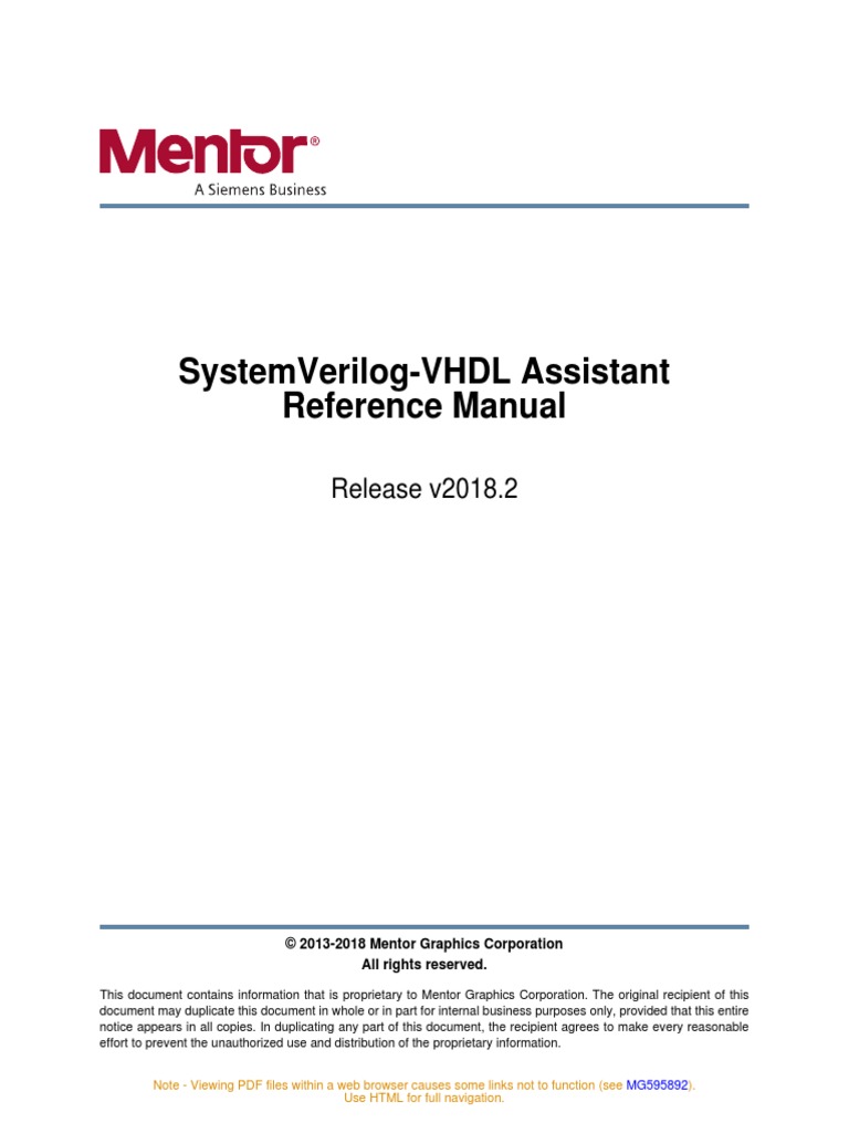 Mentor Graphics Corporation, SystemVerilog-VHDL Assistant Reference Manual, Release v2018.2 ...