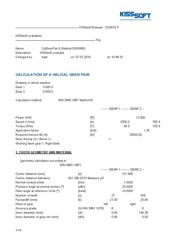 Calculation of A Helical Gear Pair: 1. Tooth Geometry and Material ...
