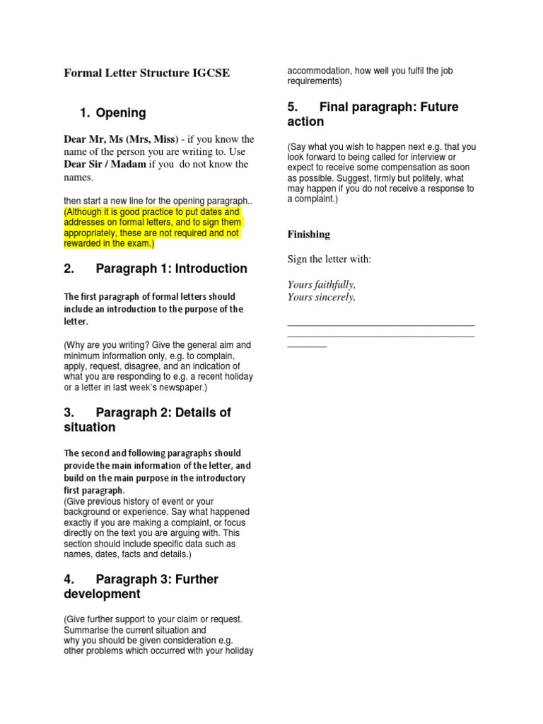 Formal Letter Structure Igcse Pdf