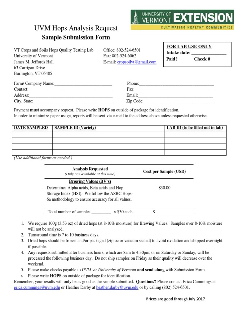 UVM Hops Analysis Request: Sample Submission Form | PDF | Hops | Business