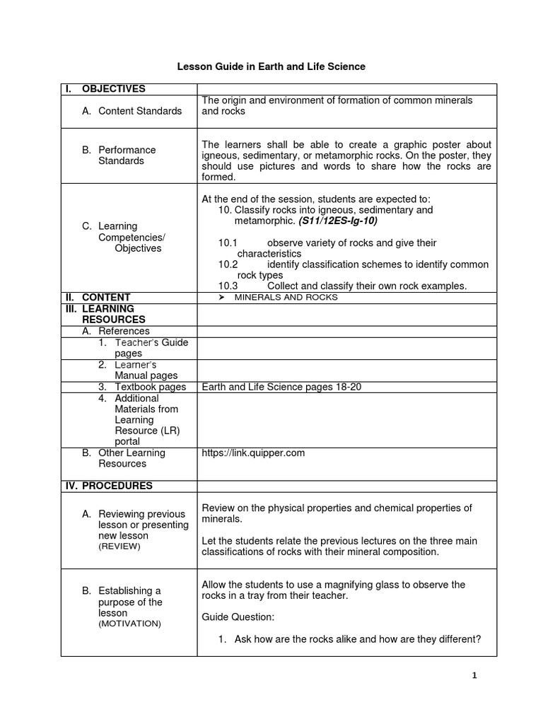 Lesson Guide in Earth and Life Science I. Objectives | Download Free ...