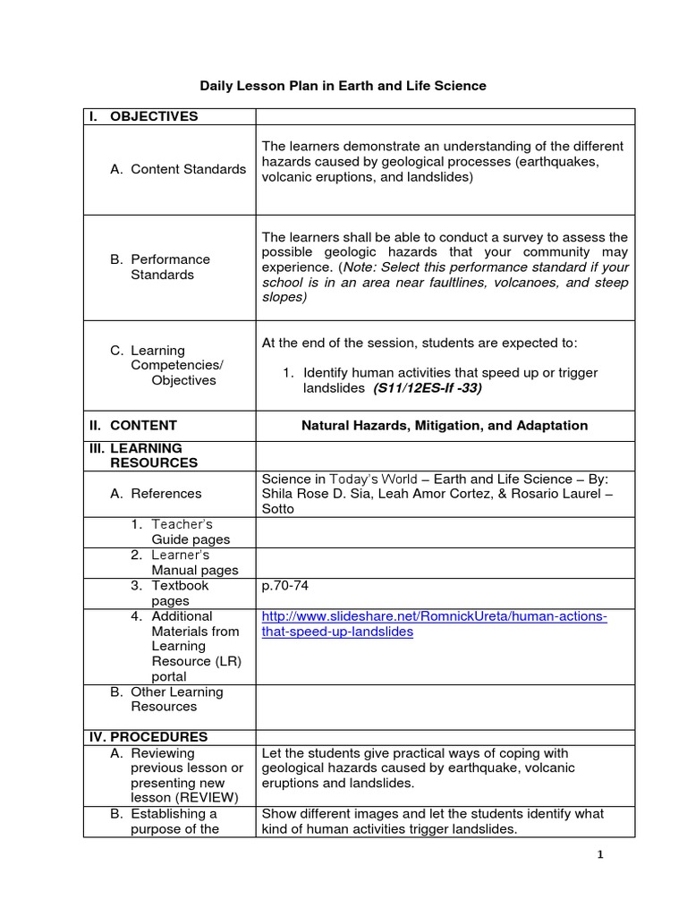 Daily Lesson Plan in Earth and Life Science I. Objectives | PDF ...