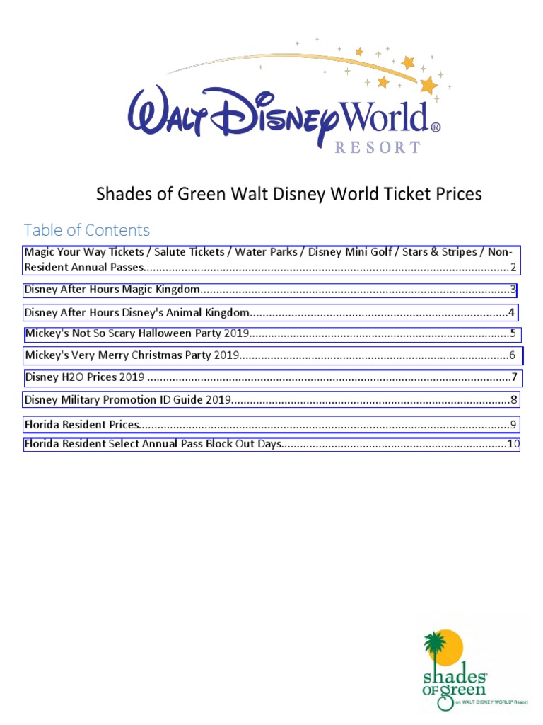 Shades of Green Walt Disney World Ticket Prices | Download Free PDF ...