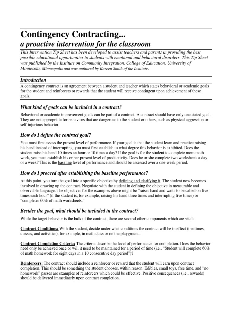 Contingency Contracting... : A Proactive Intervention For The Classroom ...