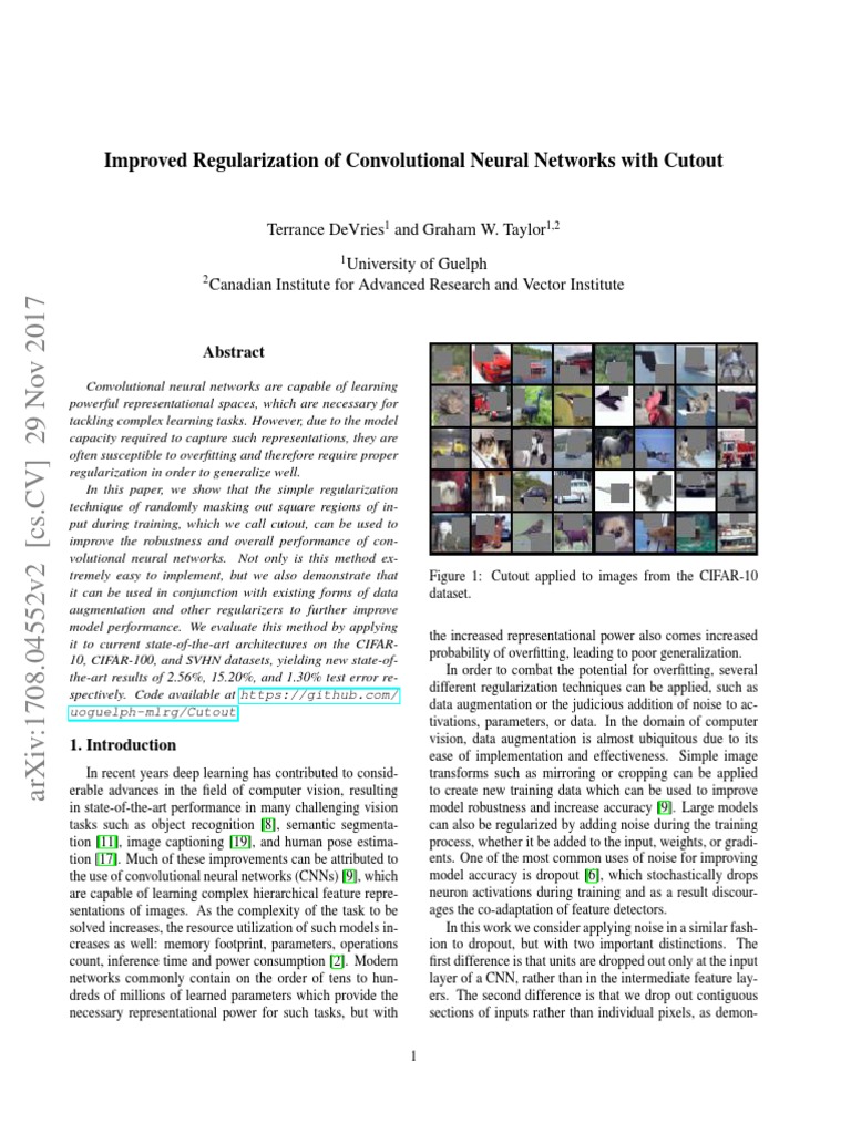 Improved Regularization of Convolutional Neural Networks With Cutout | PDF | Artificial Neural ...