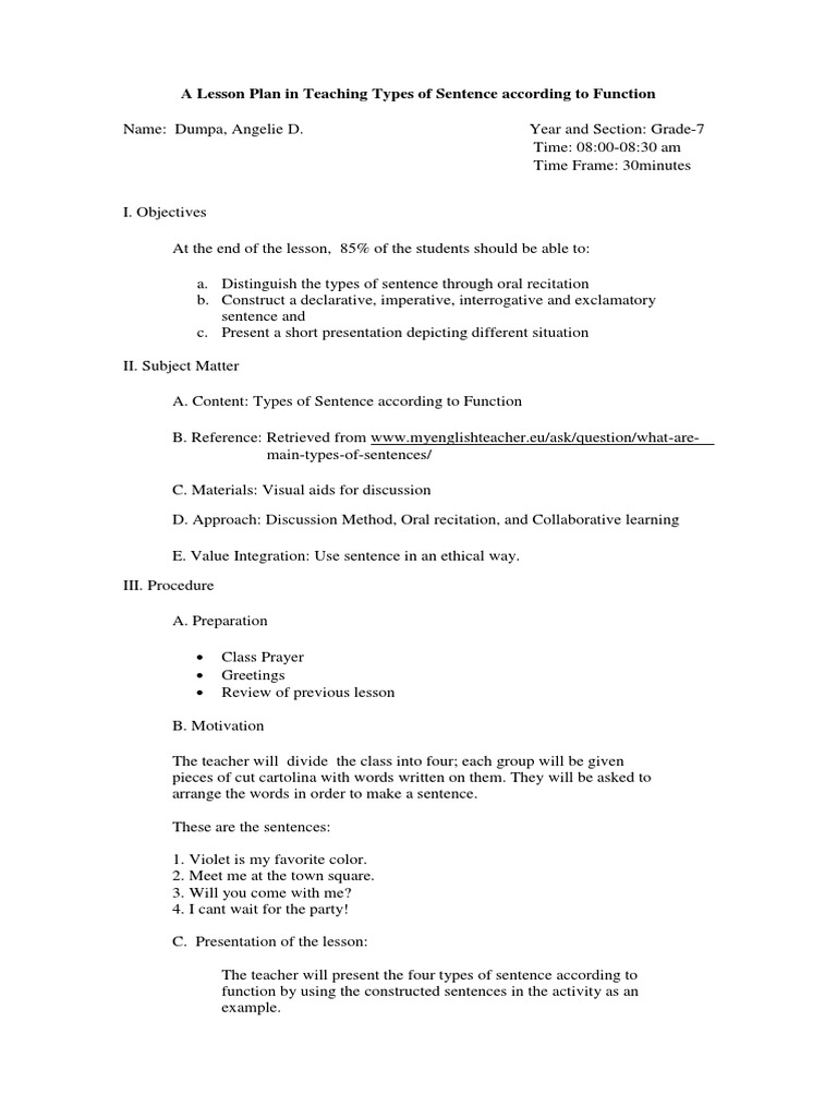 A Lesson Plan in Teaching Types of Sentence According To Function | PDF ...