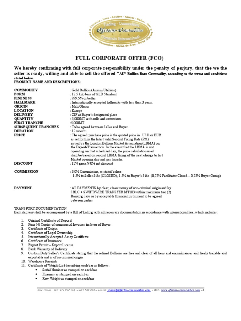Full Corporate Offer for Gold Bars | PDF | Receipt | Prices