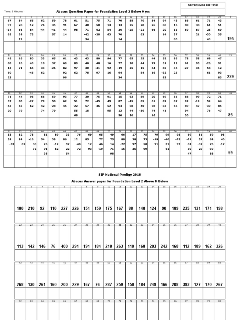 Abacus Question Paper For Foundation Level 2 Below 9 Yrs: Time: 5 ...