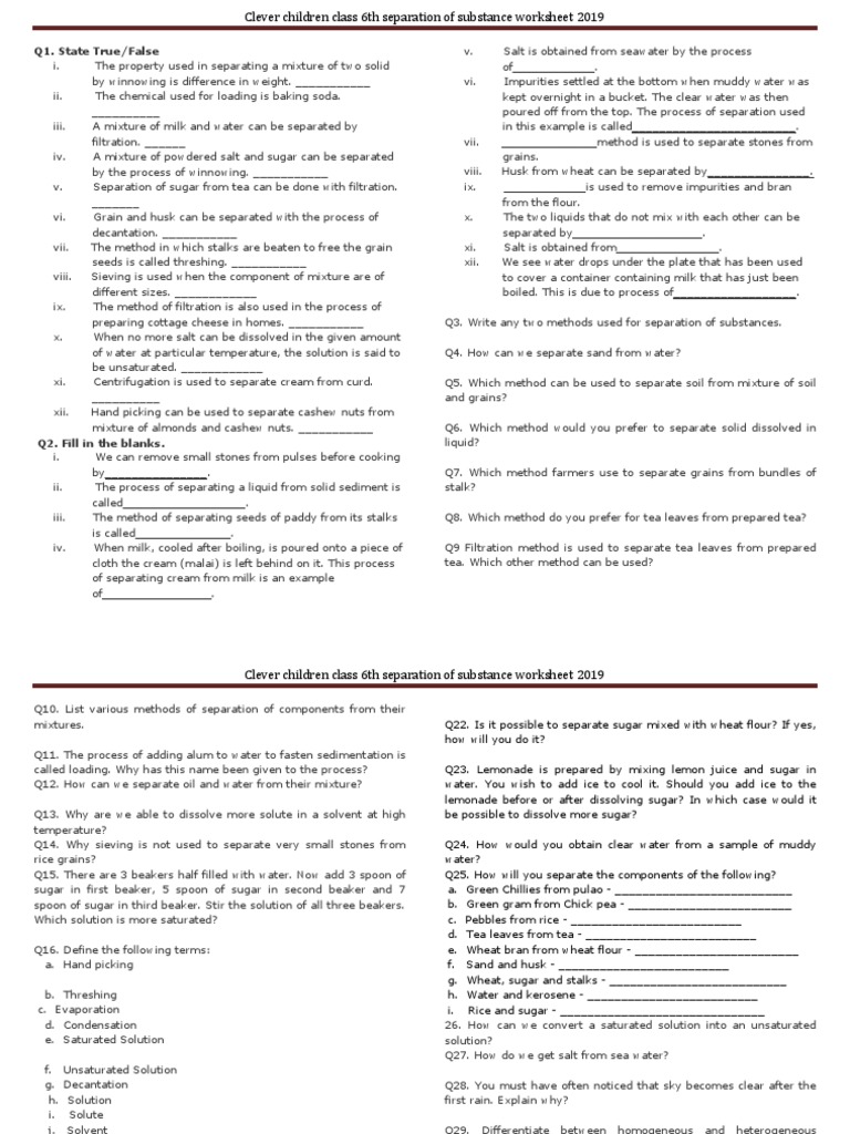 Sepation of Substance 5th Class Cbse Quetion | PDF | Solution | Filtration