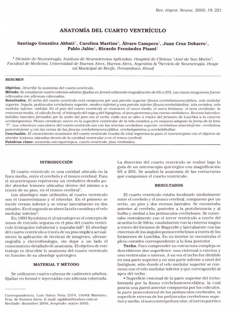 Anatomia Del Cuarto Ventriculo PDF | PDF | Cerebelo | Fluido cerebroespinal