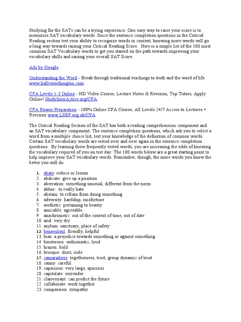 100 Essential SAT Vocabulary Words | PDF | Sat | Vocabulary