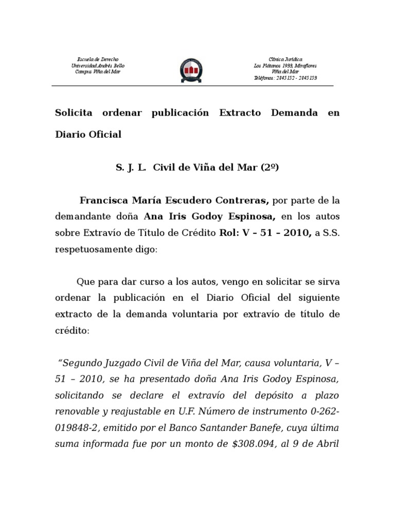 Clínica Jurídica solicita publicación de extracto de demanda por extravío de título de crédito | PDF