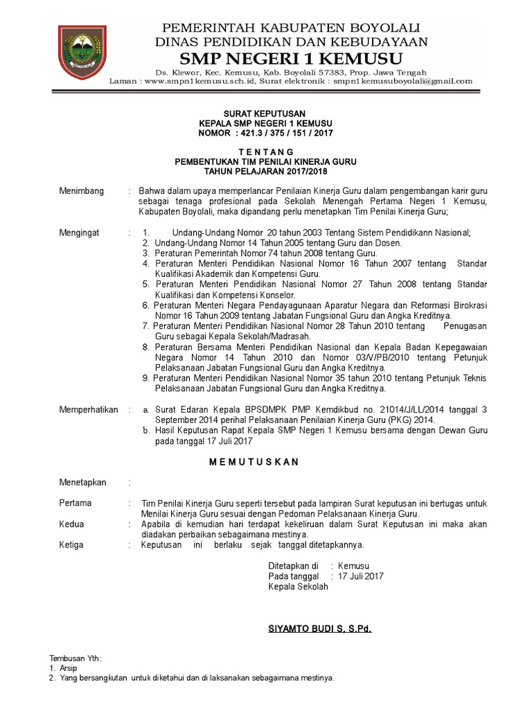 Contoh SK Pembentukan Tim Penilai Kinerja Guru Atau PKG | PDF