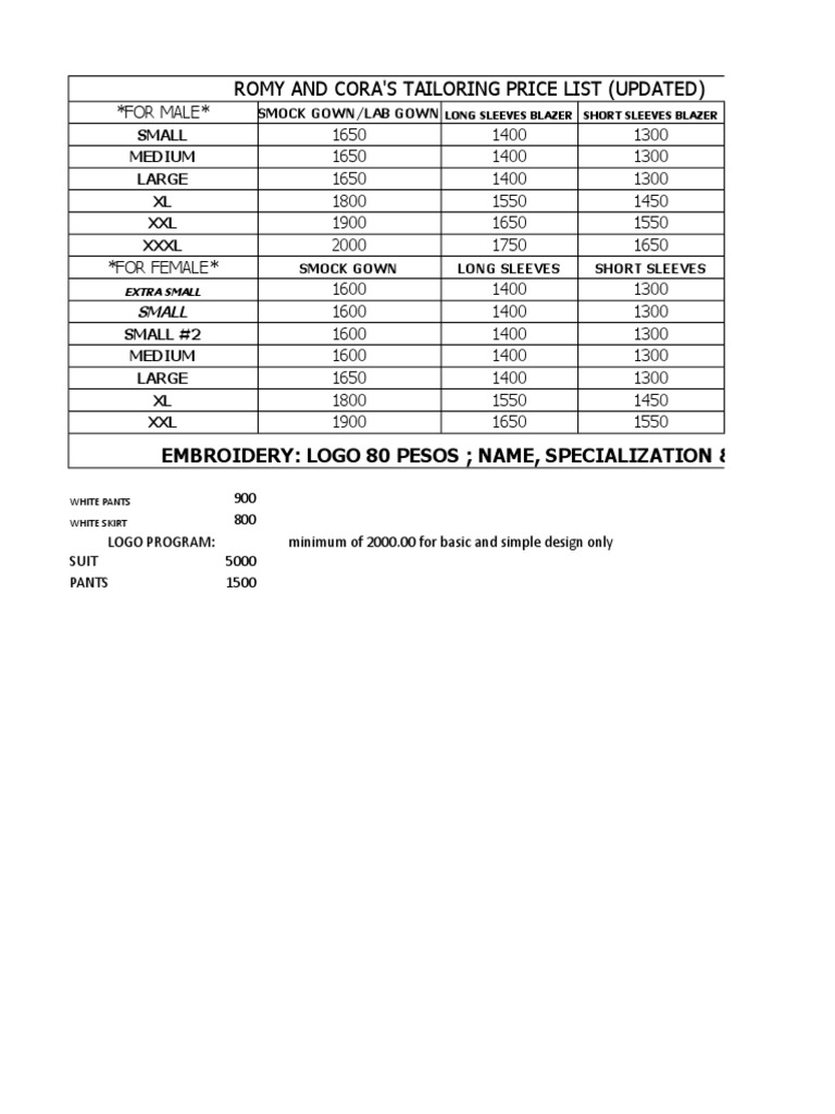 Romy and Cora's Updated Tailoring Price List | PDF | Clothing | Fashion