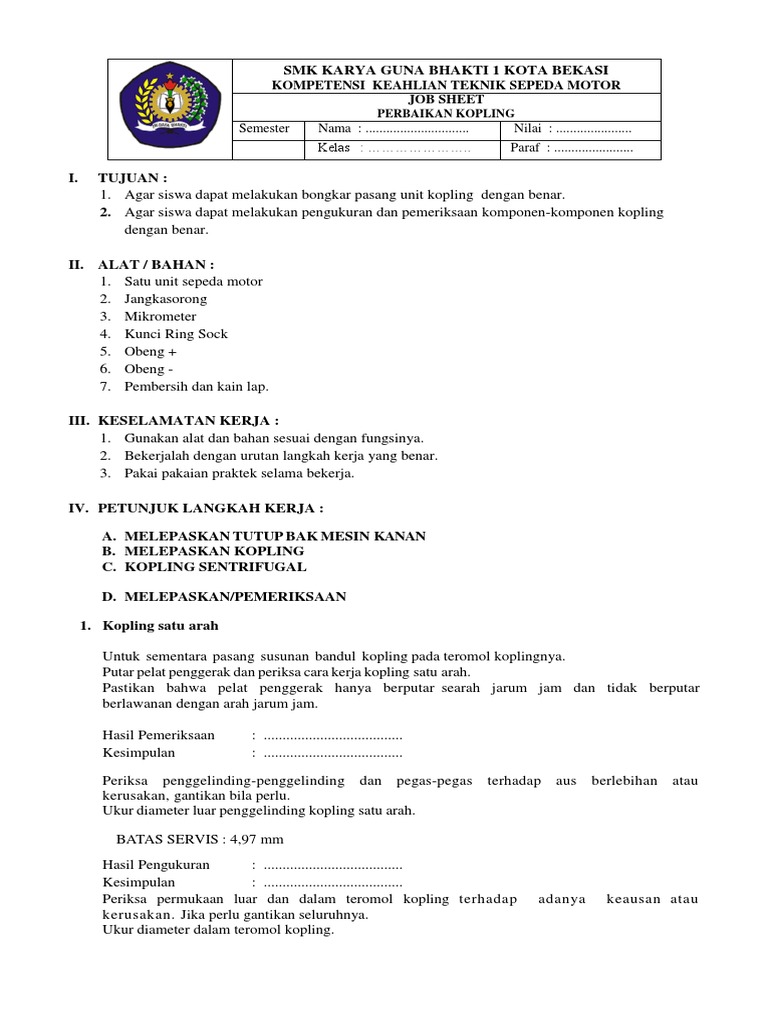 Jobsheet Kopling Sepeda Motor OK | PDF