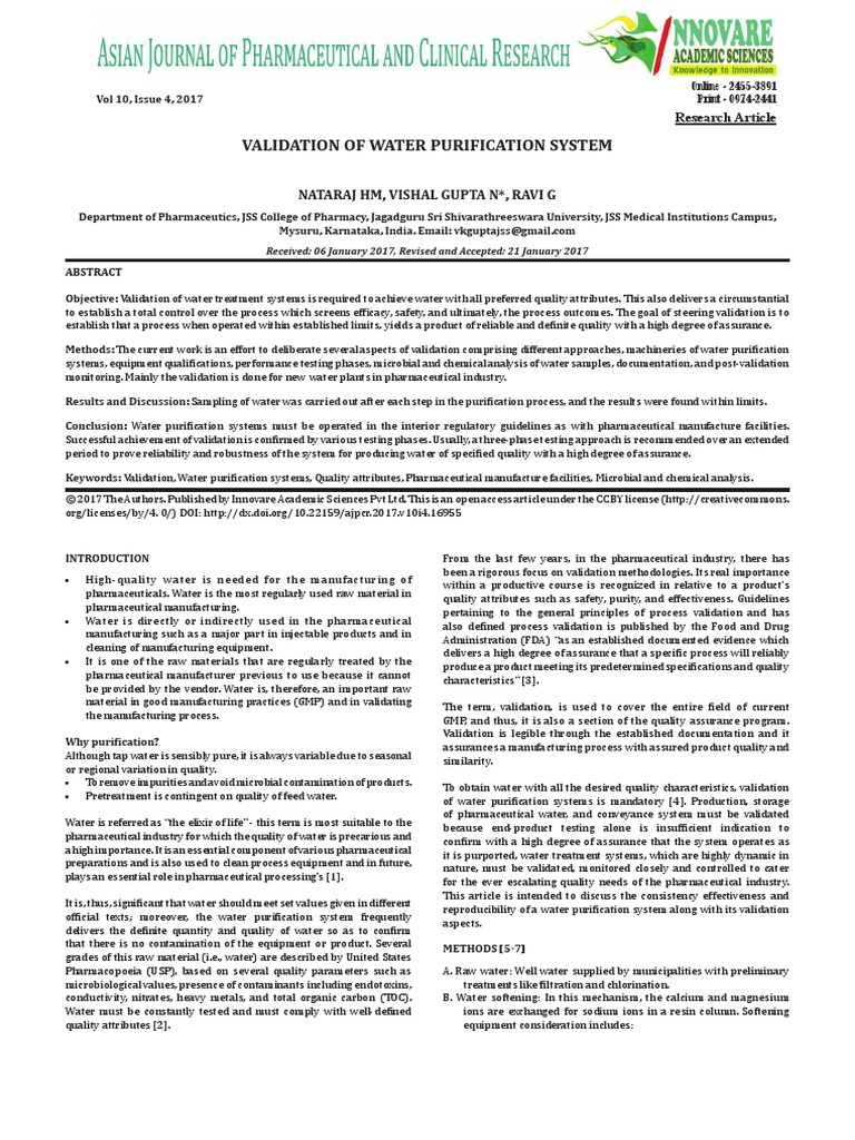 Validation of Water Purification System: Research Article | PDF | Water ...