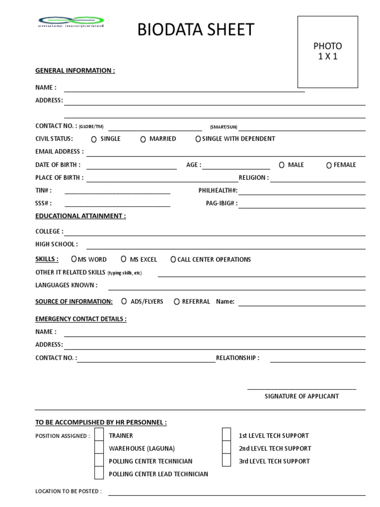 Biodata Sheet: Photo 1 X 1 | PDF