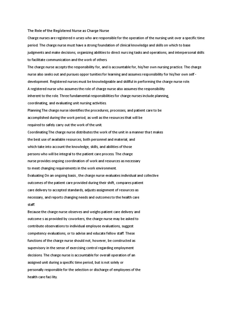 The Role of The Registered Nurse As Charge Nurse | PDF | Nursing | Patient