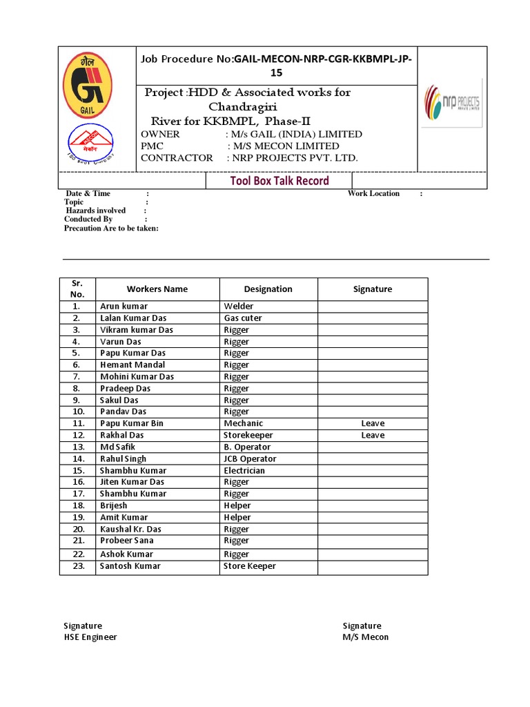 Safety Training Record for HDD River Crossing Project Crew | PDF