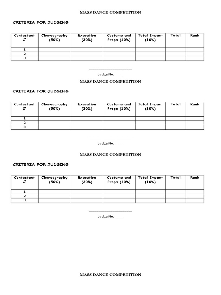 Mass Dance Competition Criteria For Judging: 1 2 3 - Judge No. | PDF ...