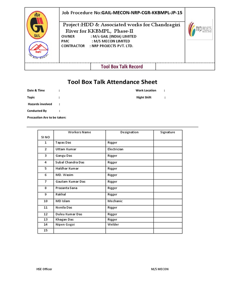 TBT Attendance Format - NRP Workers | PDF