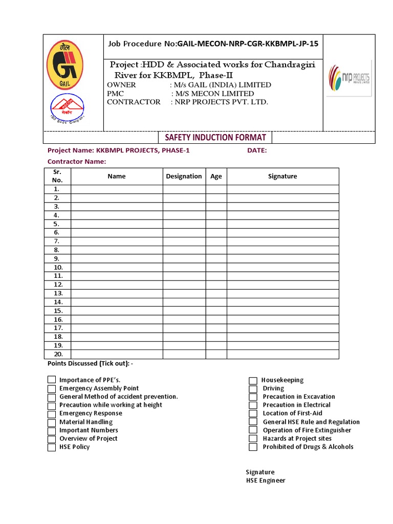 Safety Induction Format: Job Procedure No: Project HDD & Associated ...