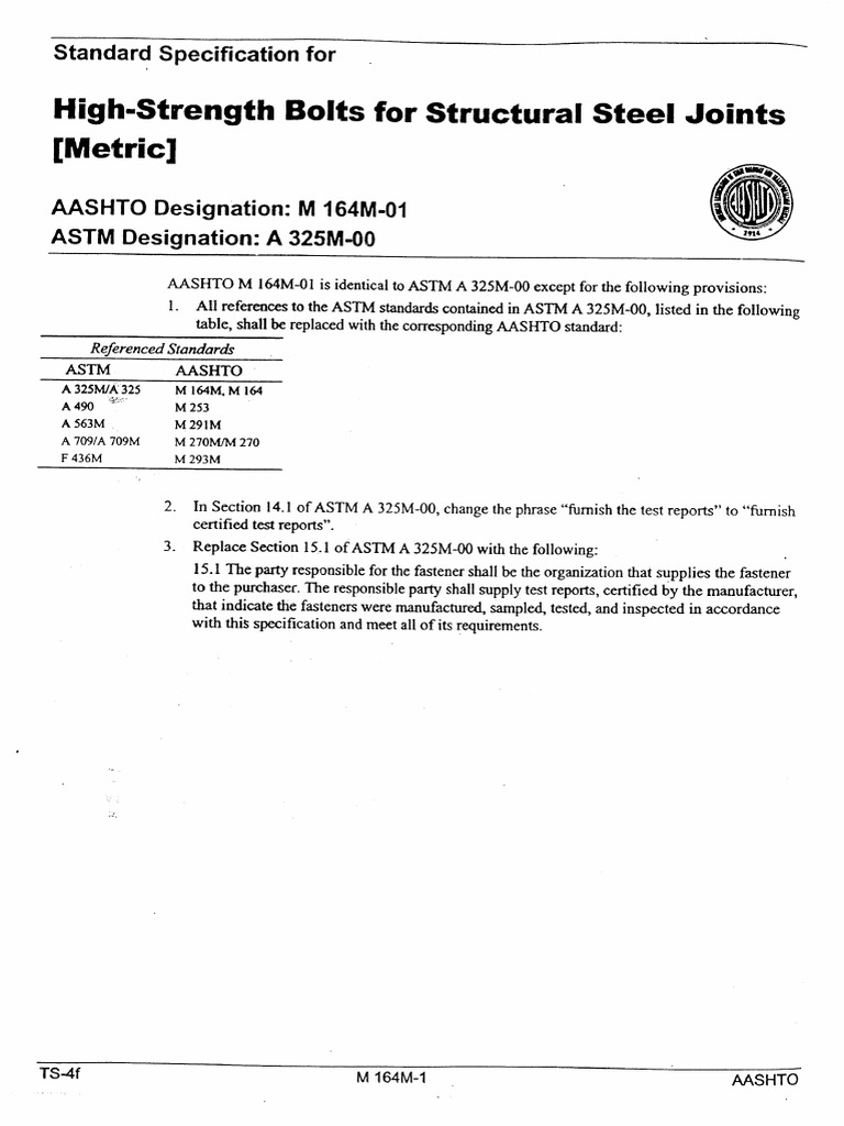 AASHTO M-164M-01 High Strength Bolts For Structural Steel Joints PDF | PDF