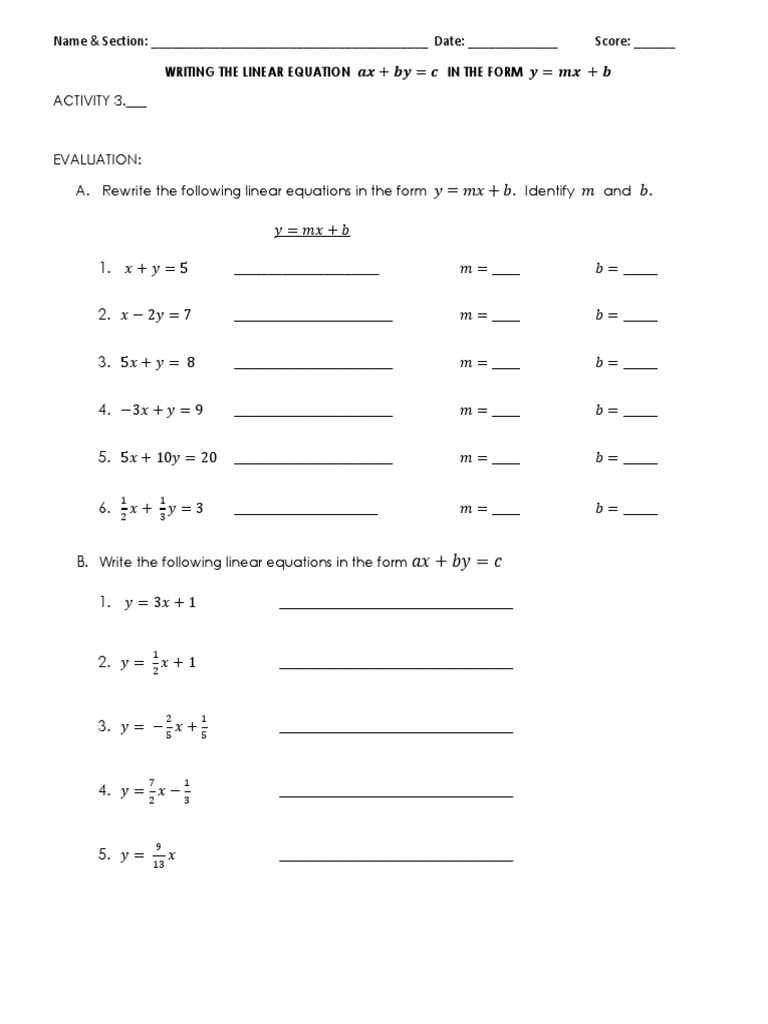 REWRITING LINEAR EQUATION AX + BY C IN THE FORM y MX + B | PDF ...