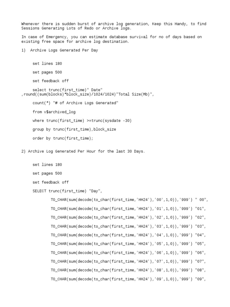 Find Sessions Generating Lots of Redo or Archive Logs | PDF | Data ...
