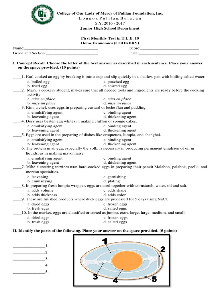 Tle Exam Cookery | PDF | Egg As Food | Mayonnaise