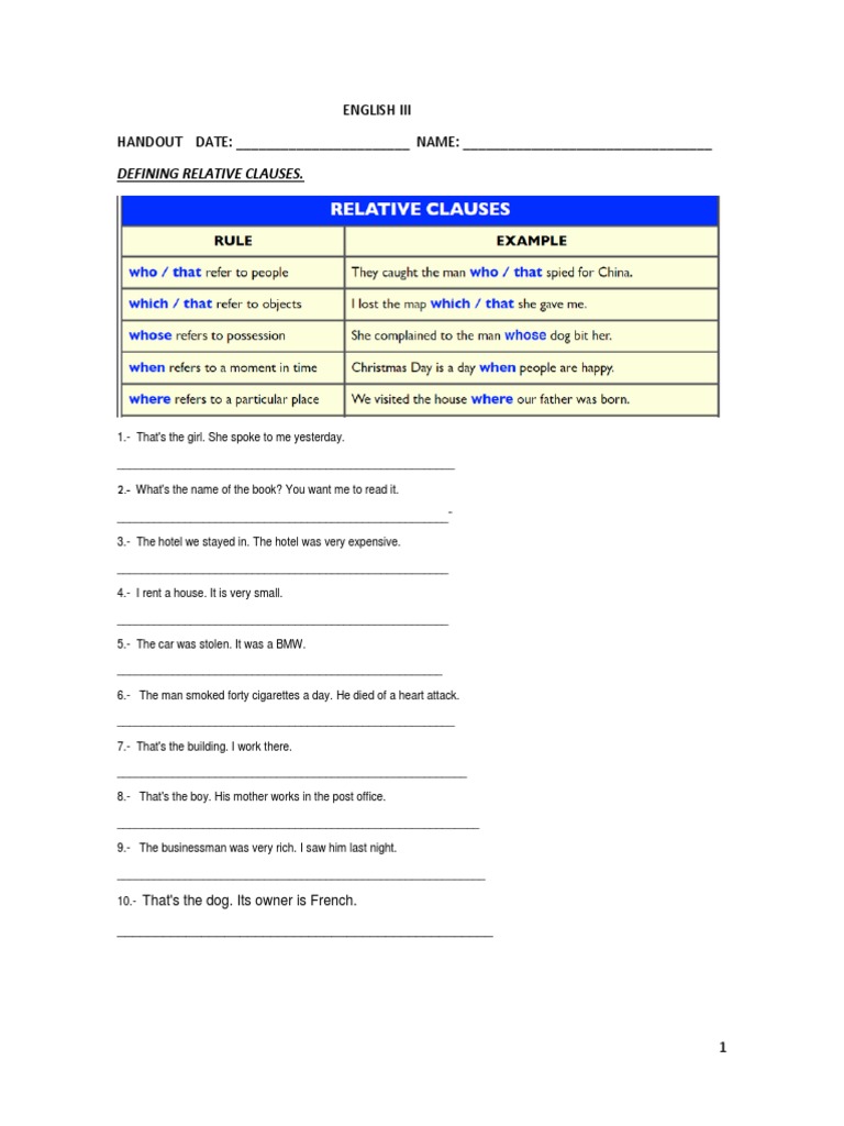 Defining Relative Clauses.: English Iii HANDOUT DATE: - NAME | PDF