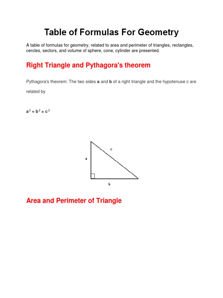 Table of Formulas For Geometry: Right Triangle and Pythagora's Theorem ...