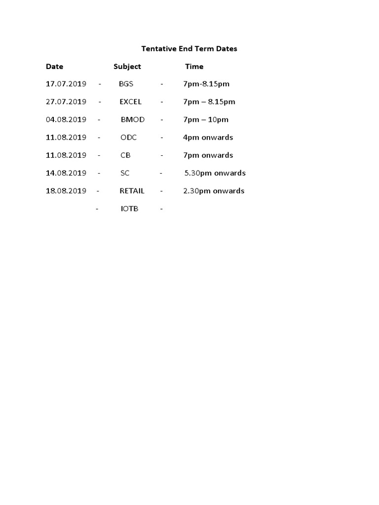 Tentative End Term Dates Schedule | PDF | Science & Mathematics