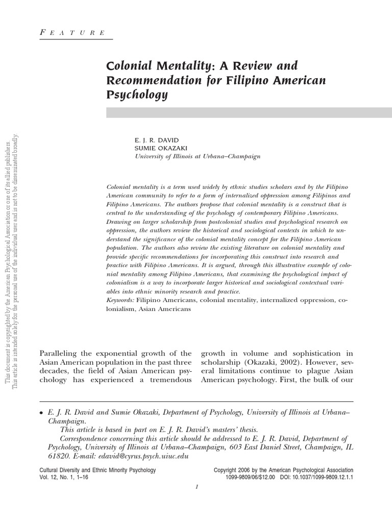 Colonial Mentality - A Review and Recommendation For Filipino American ...