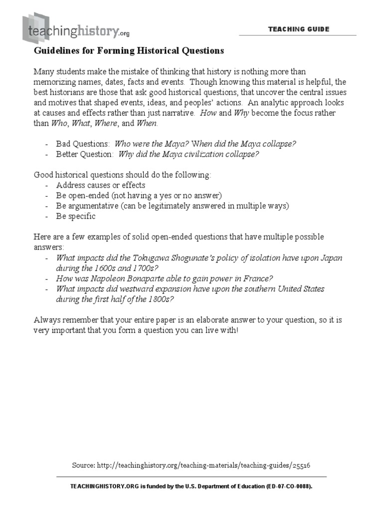 Guidelines For Forming Historical Questions: During The 1600s and 1700s ...